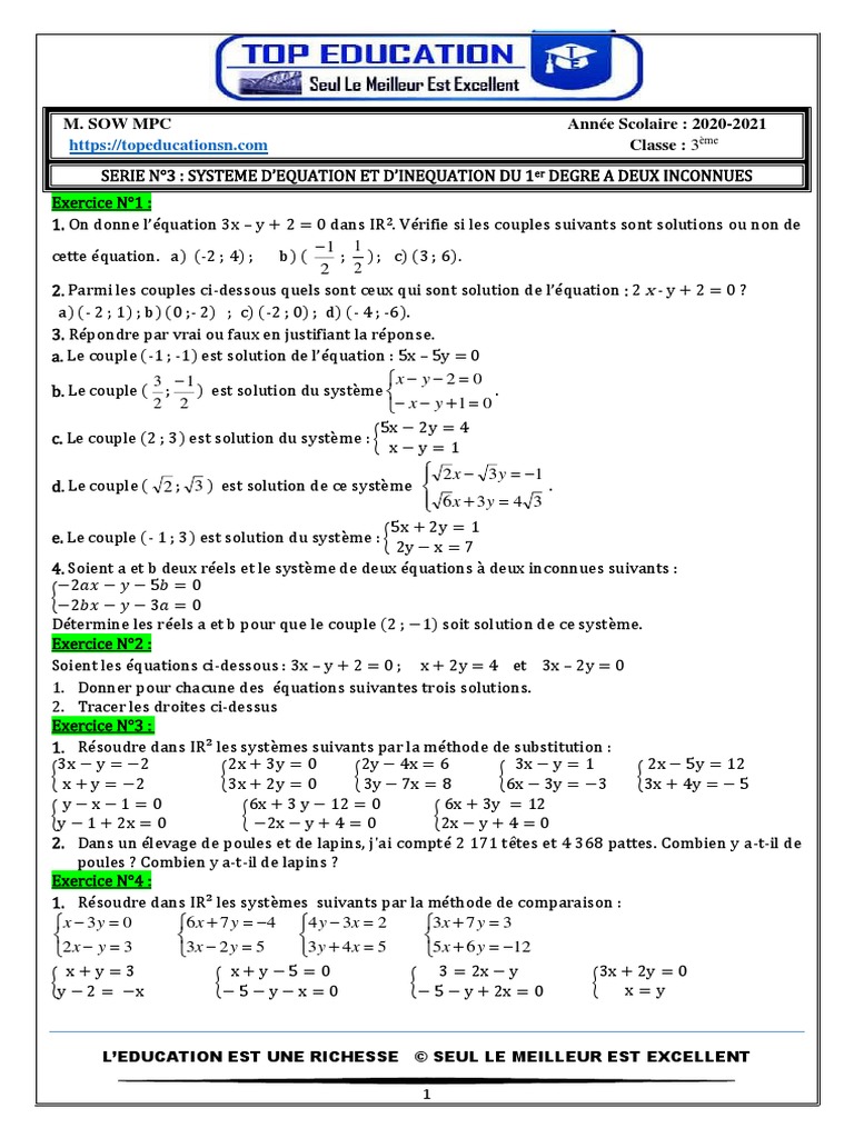 Serie Dexercice N°3 Systheme Equation Et Inequations Du 1er Degre A 2 Inconnues 3ème 2020 2021