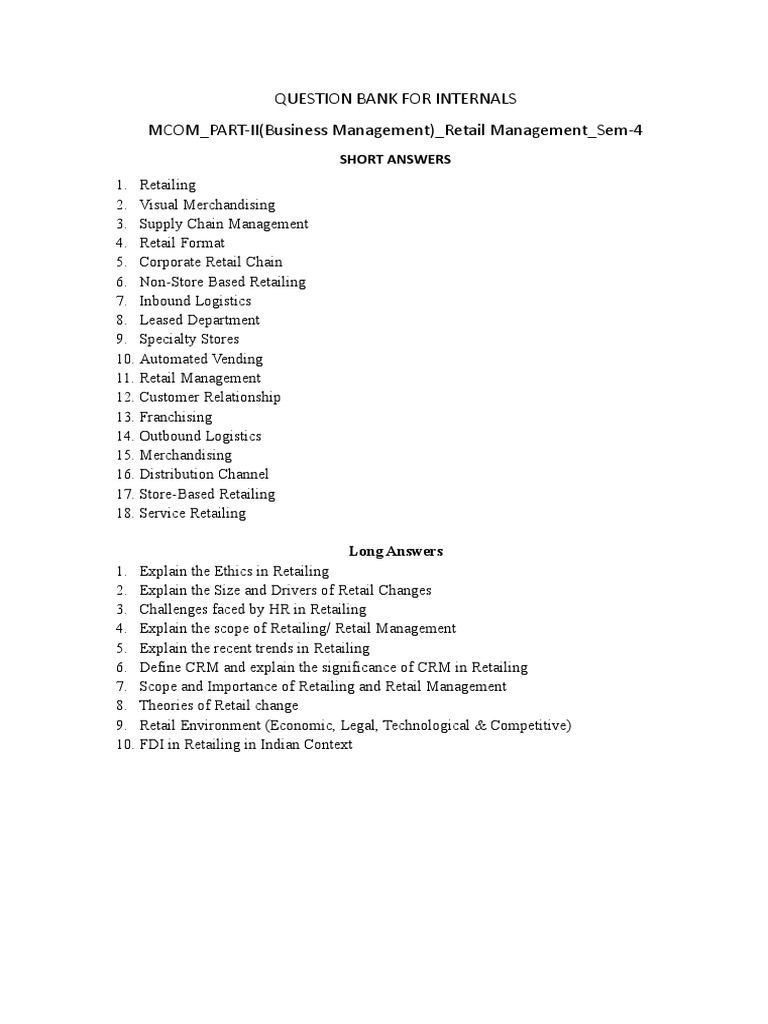 Retail Management Question Bank | PDF | Business | Finance & Money ...