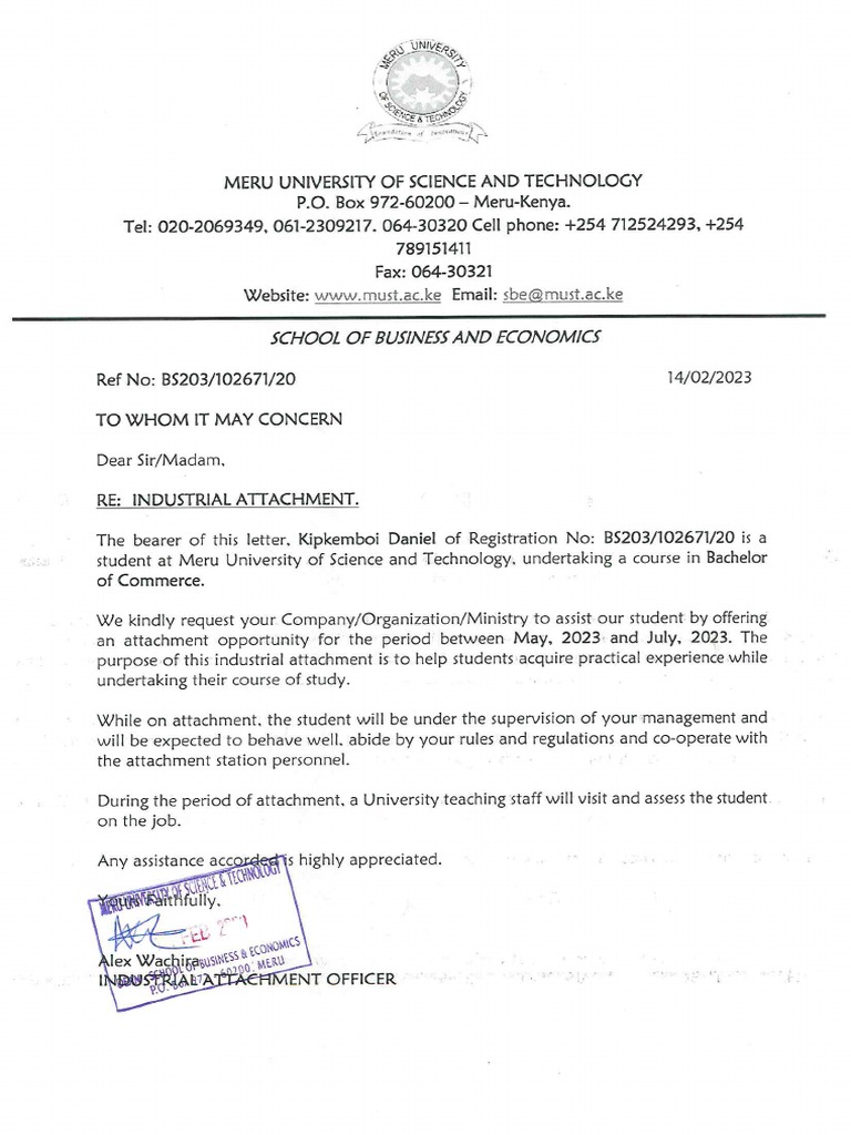 Industrial Attachment Letter | PDF