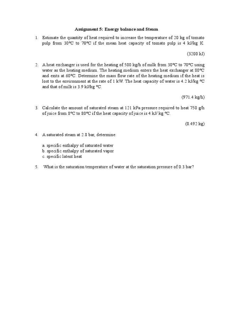 Assignment 5 - Energy Balance and Steam | PDF | Cooking, Food & Wine ...