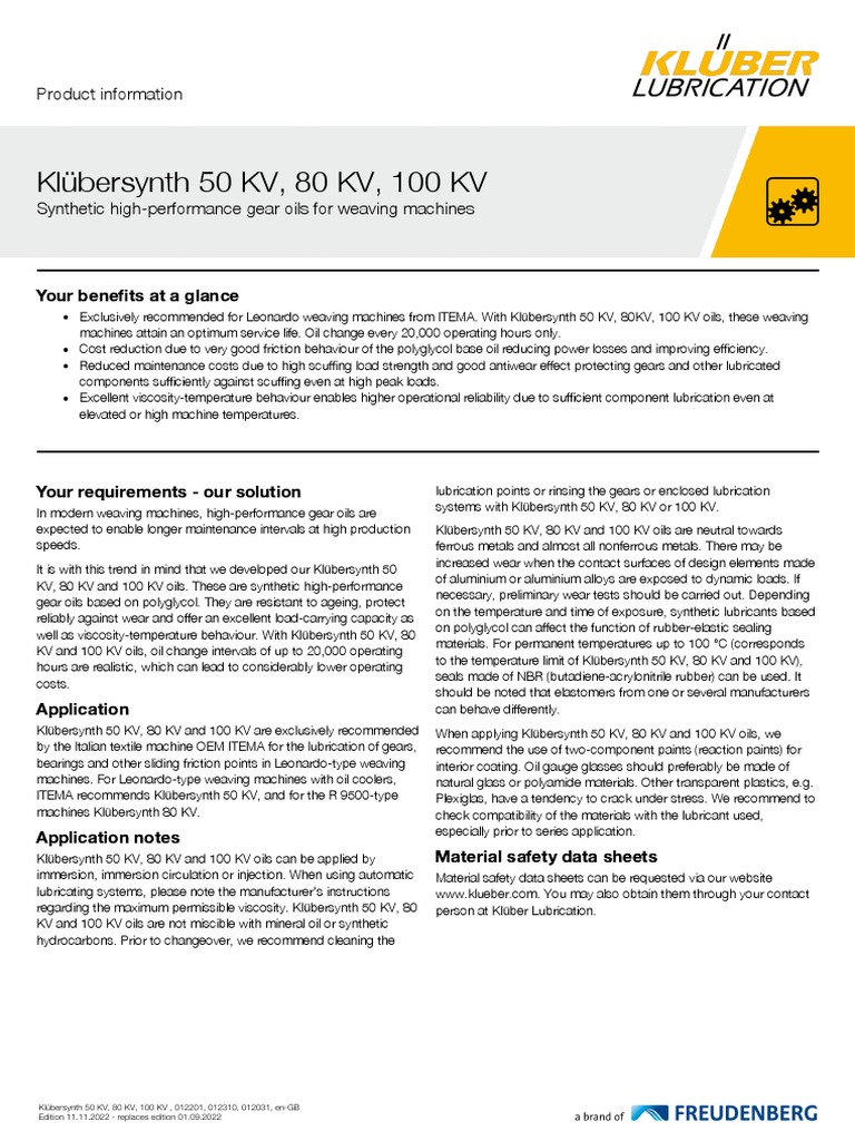 Kluebersynth 50 KV 80 KV 100 KV 012201 PI GB en | PDF | Technology & Engineering