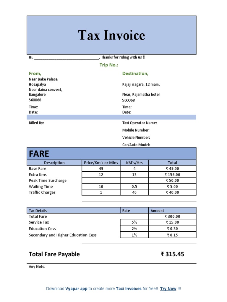 Ola Taxi Bill Format and Invoice | PDF