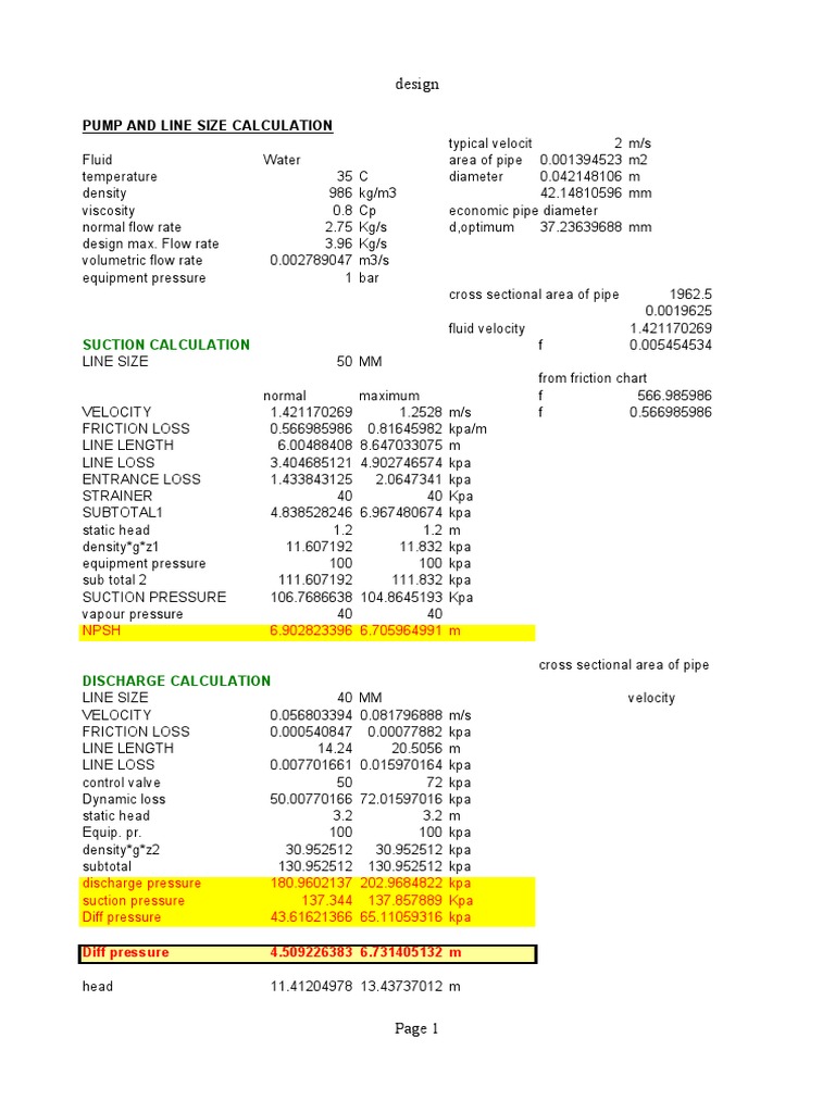 Pump And Line Sizing Calc Pdf Fluid Dynamics Phases Of Matter