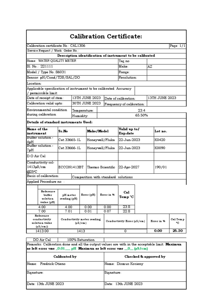 Template For Calibration Report of PH Meter | PDF | Calibration | Ph