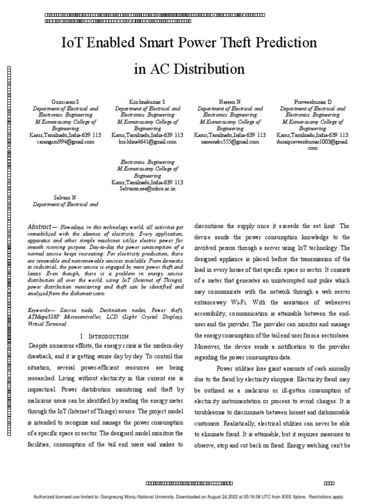IoT Enabled Smart Power Theft Prediction in AC Distribution | PDF