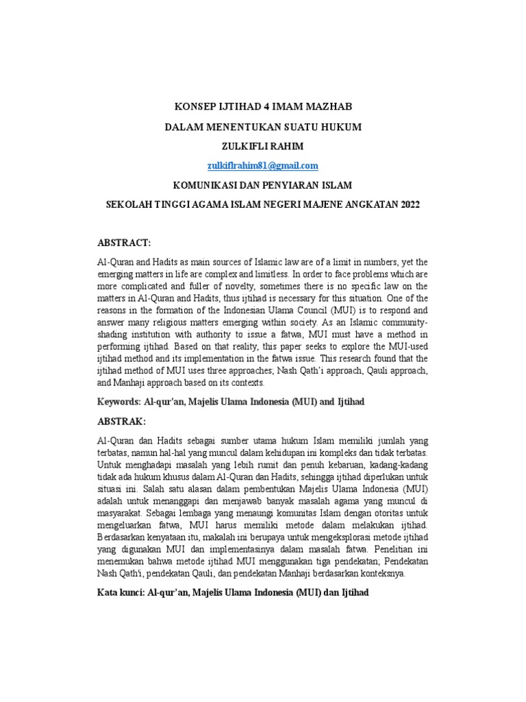 KONSEP IJTIHAD 4 IMAM MADZHAB DALAM MENENTUKAN SUATU HUKUM. Zulkifli Rahim | PDF