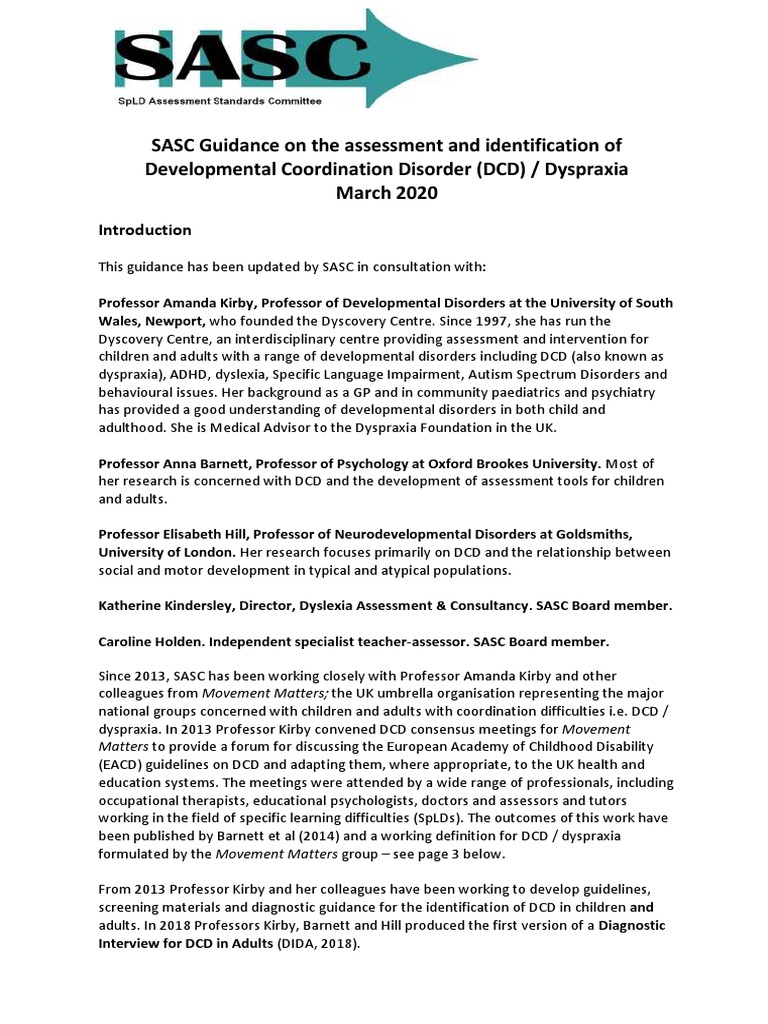 DCD Dyspraxia Sasc Guidance March 2020 | PDF