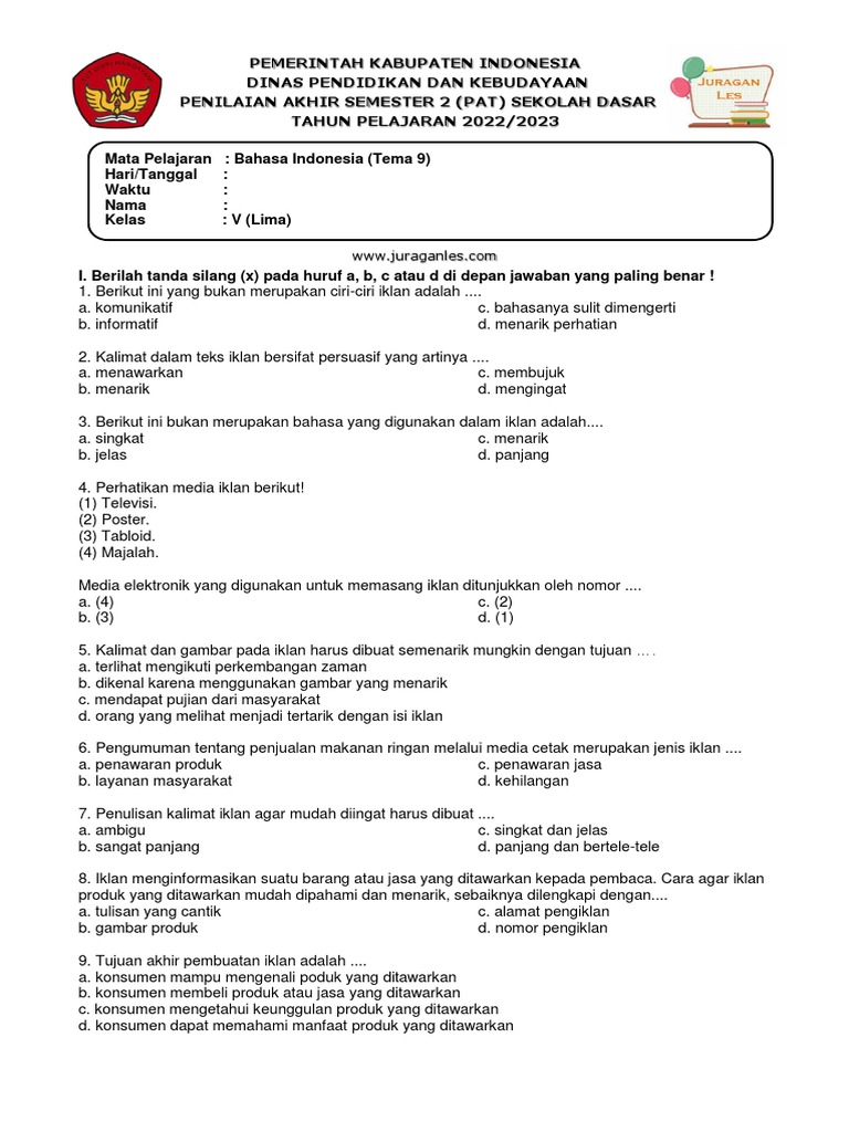 Soal Tema 9 Kelas 5 Semester 2 T.a 2022-2023 Mapel Bahasa Indonesia | PDF