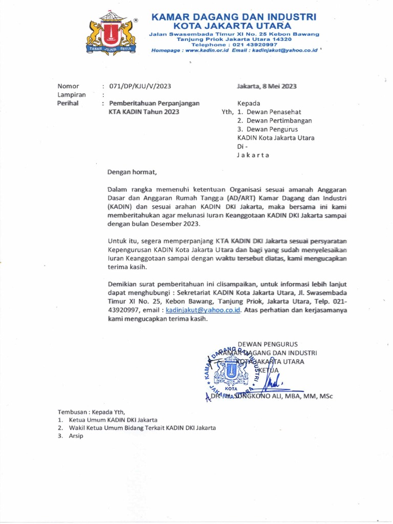 071 - Pemberitahuan Perpanjangan KTA KADIN THN 2023 | PDF