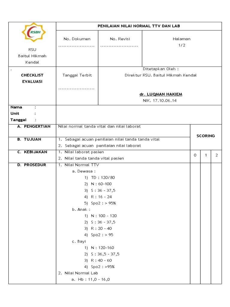 Lembar Penilaian Nilai Lab Dan Ttv Normal | PDF