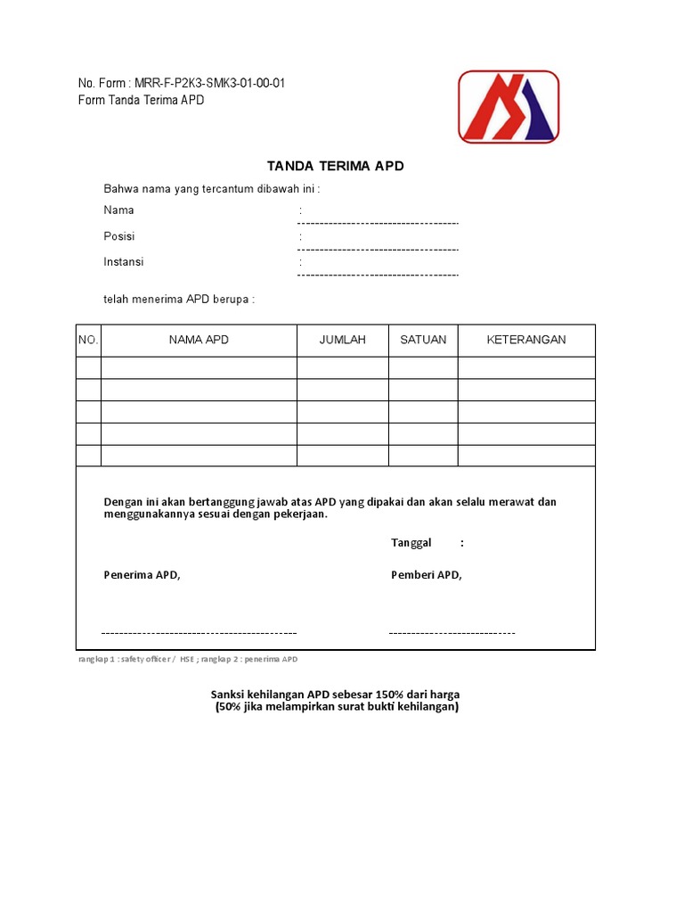 01.00-03 Form Tanda Terima APD | PDF