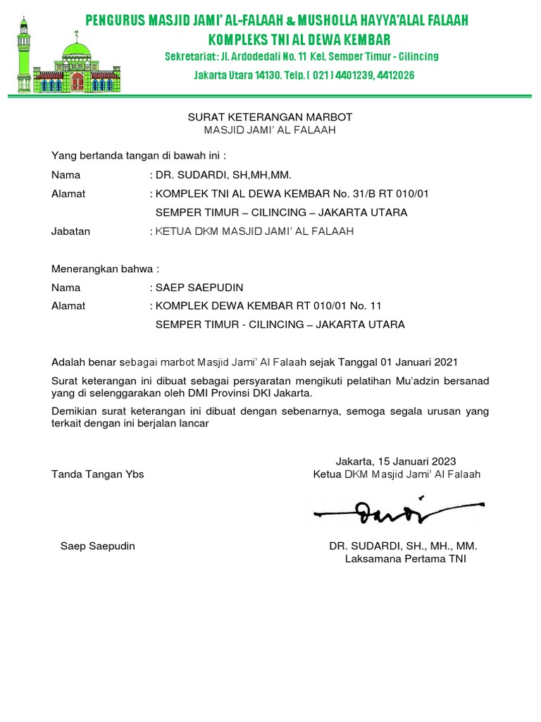 Surat Keterangan Marbot Masjid Falaah | PDF