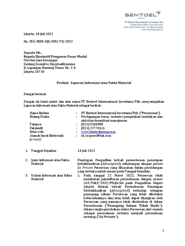 RMBA - Laporan Informasi Dan Fakta Material - 31138719 - Lamp1 | PDF