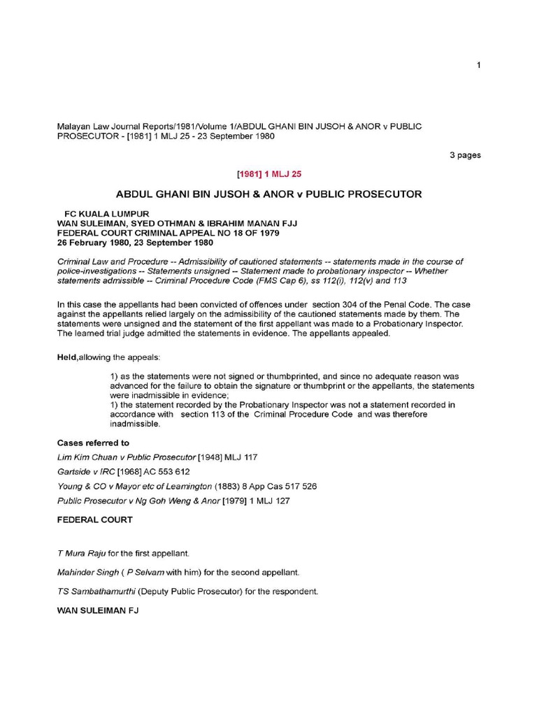 Abdul Ghani Bin Jusoh V PP 1981 | PDF