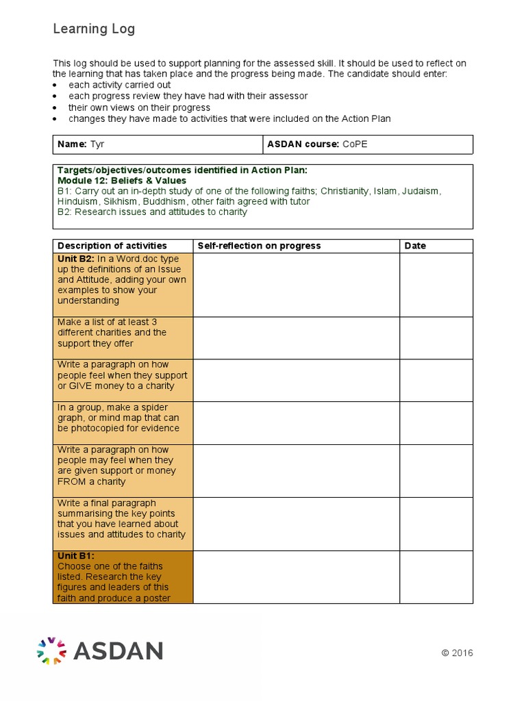 Module 12 Beliefs & Values learning_log ASDAN (1) | PDF