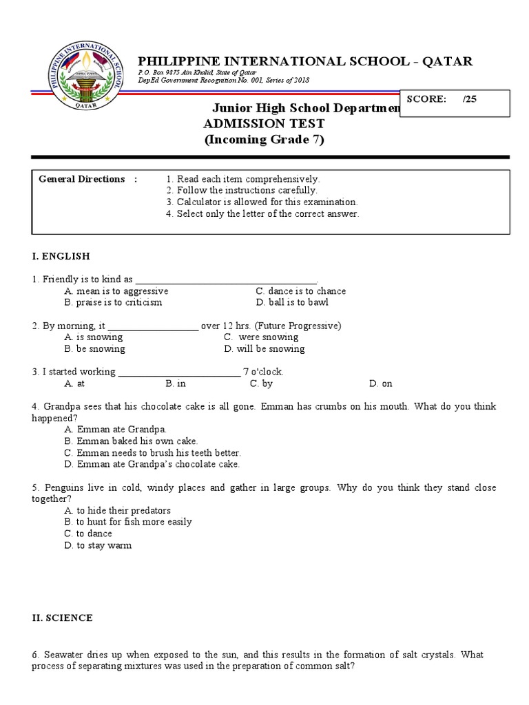 Final-Incoming Grade 7 | PDF
