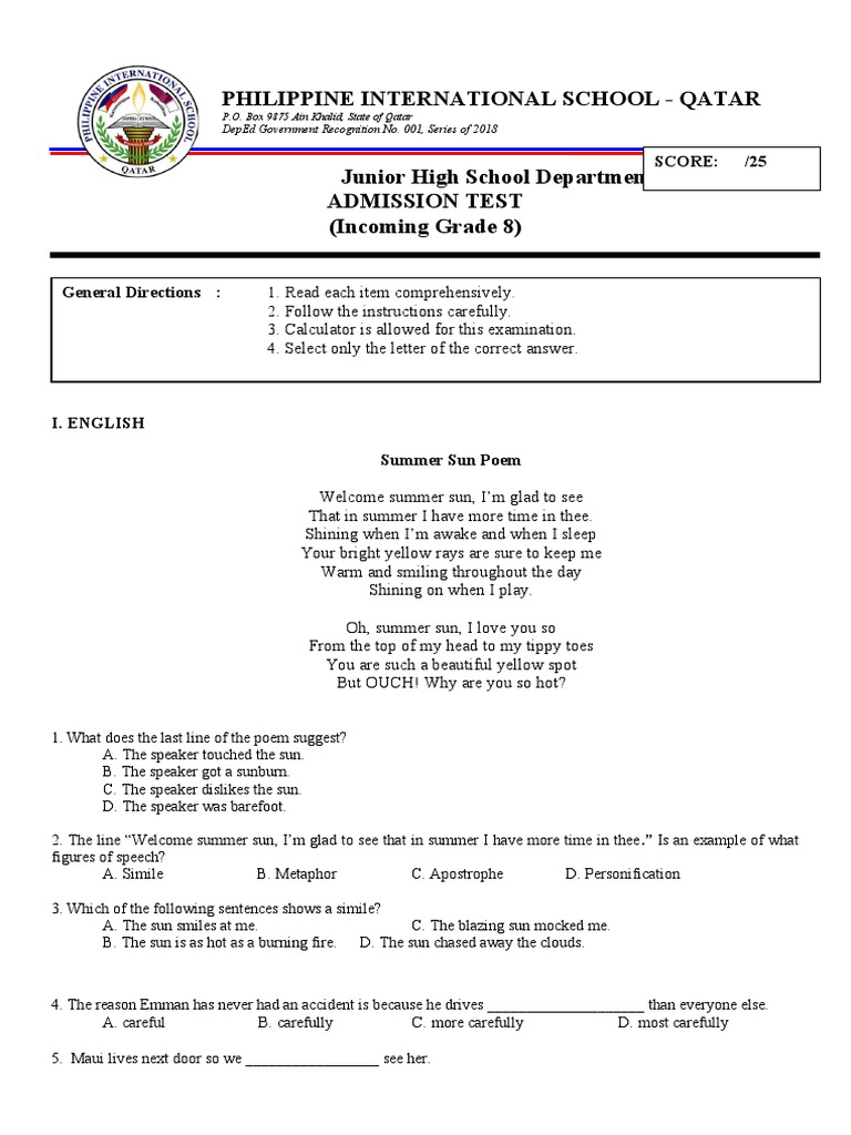 Final-Incoming Grade 8 | PDF