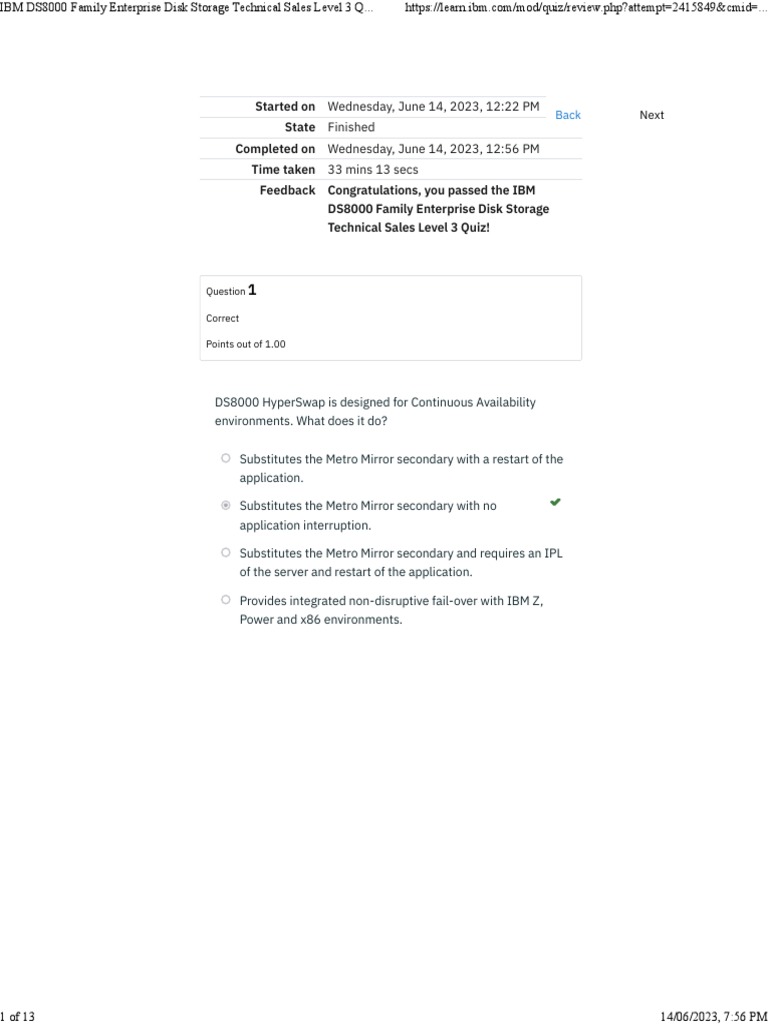 IBM DS8000 Family Enterprise Disk Storage Technical Sales Level 3 Quiz Attempt Review | PDF ...