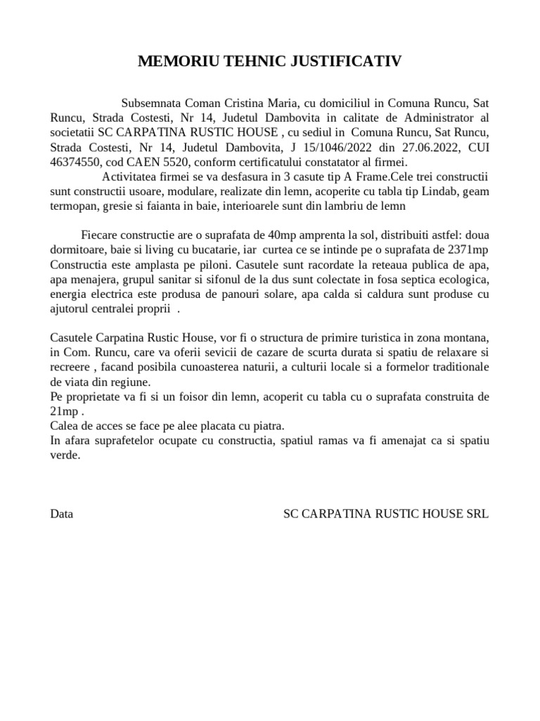 Memoriu Tehnic Justificativ | PDF