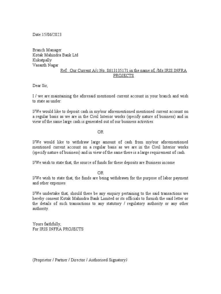 Cash Transgression Letter Current Account - One Time Letter | PDF