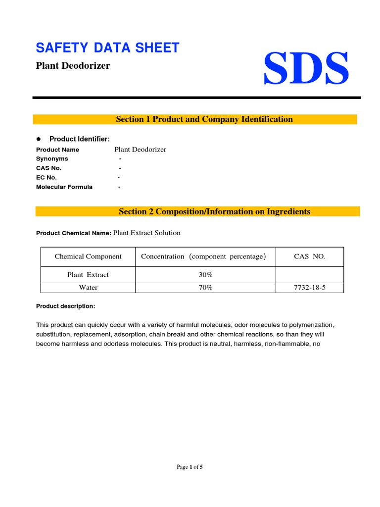 Plant Deodorizer-MSDS 6.8 | PDF | Water | Dangerous Goods