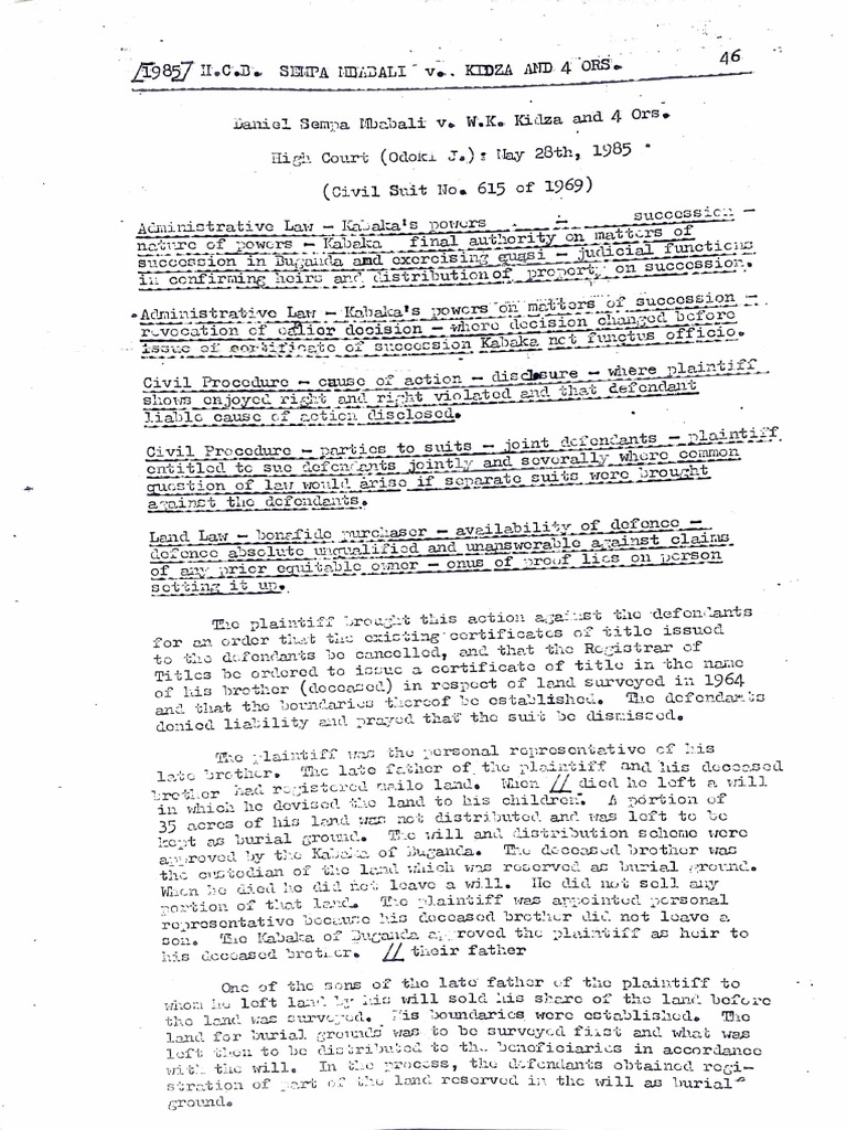 Daniel Sempa Mbabali v. W.K. Kidza & 4 Others | PDF
