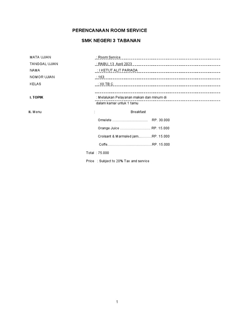 6perencanaan Ukk Room Service | PDF