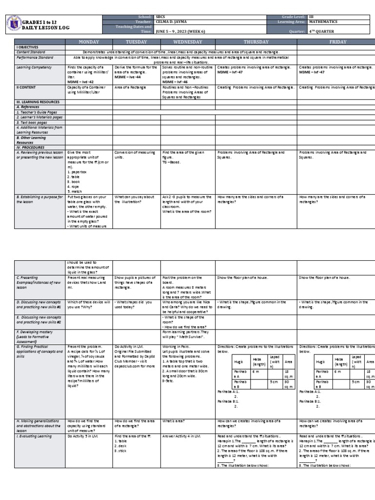 DLL Mathematics 3 q4 w6 | PDF | Area | Learning