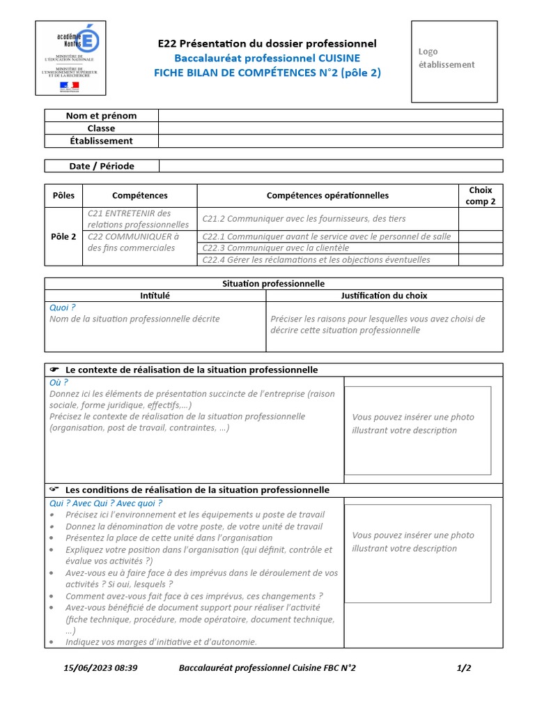 E22 Bac Pro Cuisine FCB N°2 | PDF