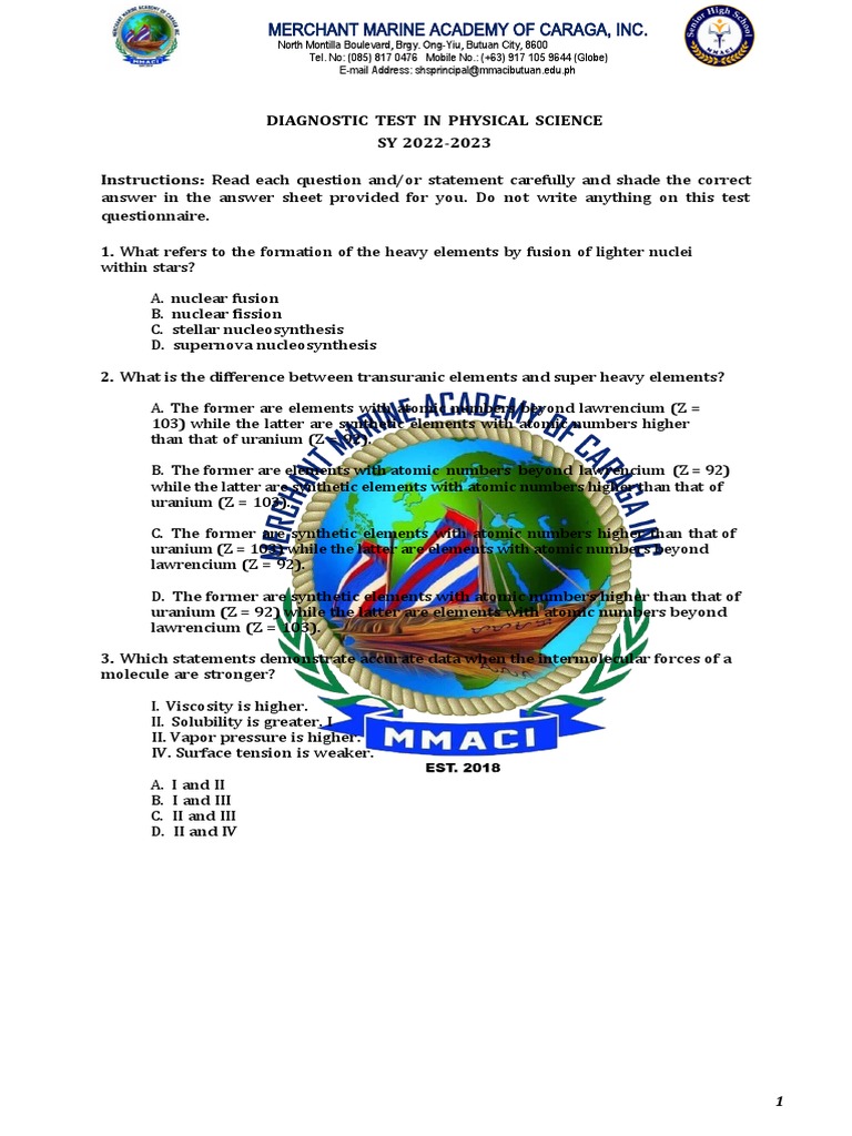 Sukdanan Diagnostic Test in Physical Science Questionaire | PDF ...