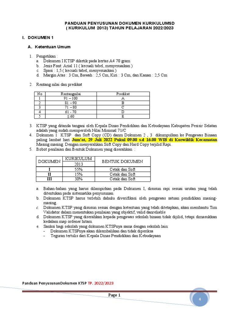 Sistimatika Dokumen 1 KTSP Dan Dokumen 2,3 Tahun 2022-2023 | PDF