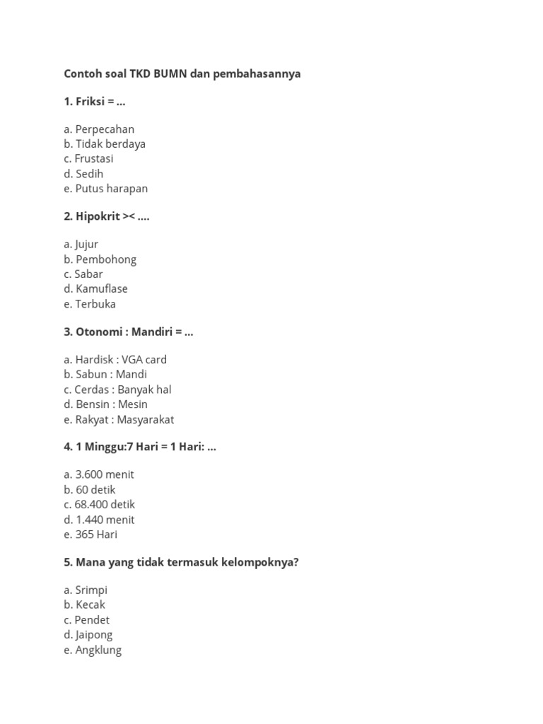 Contoh Soal TKD BUMN Dan Pembahasannya | PDF Contoh Soal TKD BUMN Dan Pembahasannya | PDF