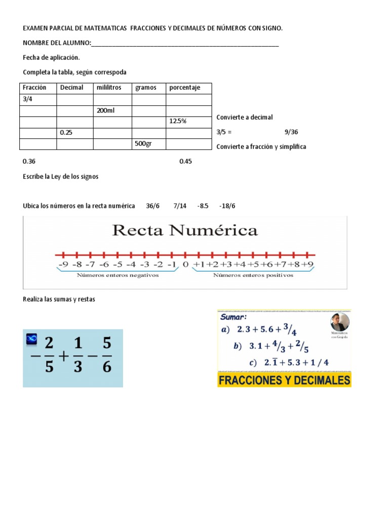 Examen Parcial de Matematicas Fracciones y Decimales de Números Con ...