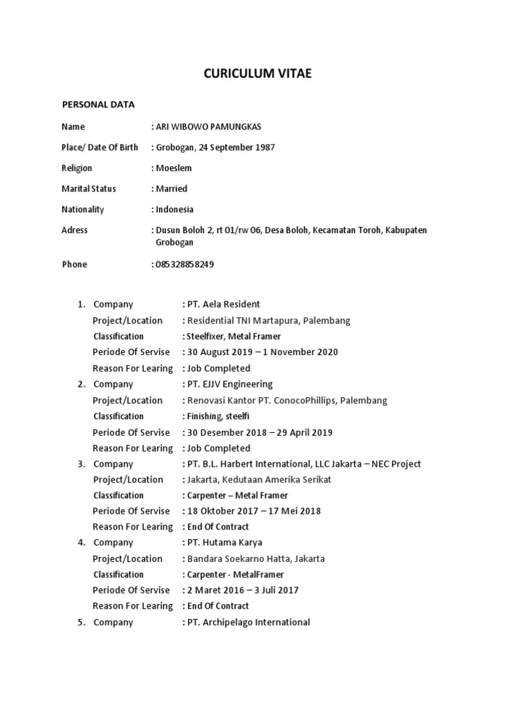 CV Ari Wibowo Pamungkas - Carpenter | PDF