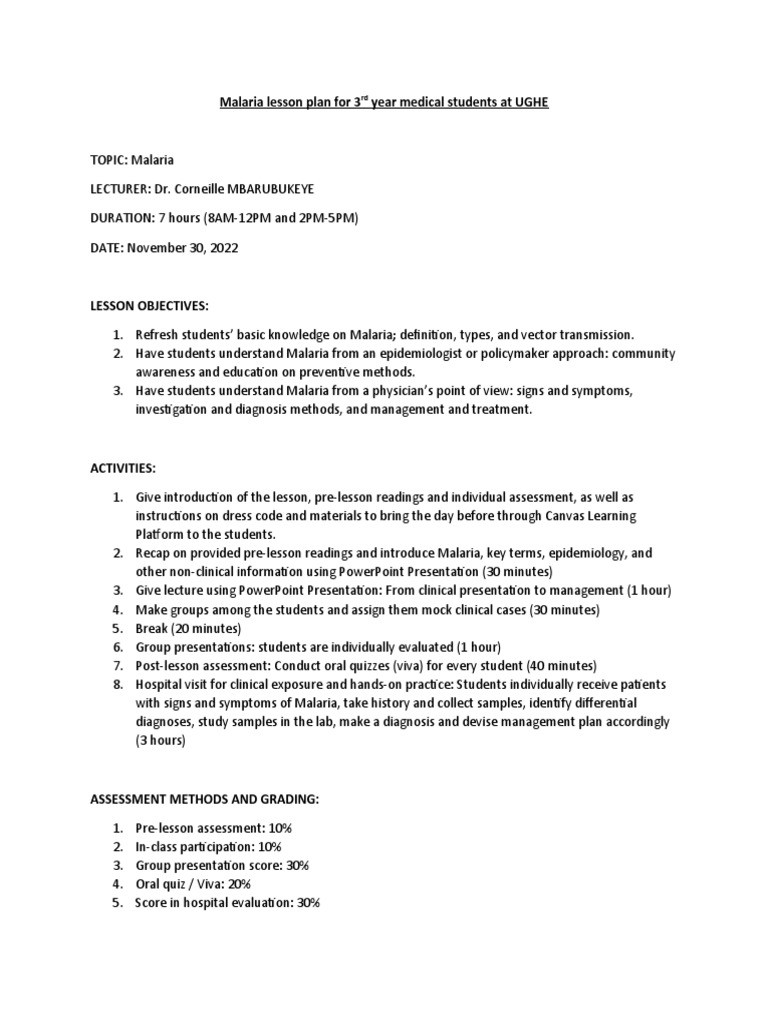 Malaria Lesson Plan - Corneille Mbarubukeye | PDF