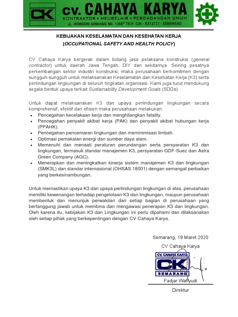 KEBIJAKAN K3 & Lingkungan CV. CK | PDF