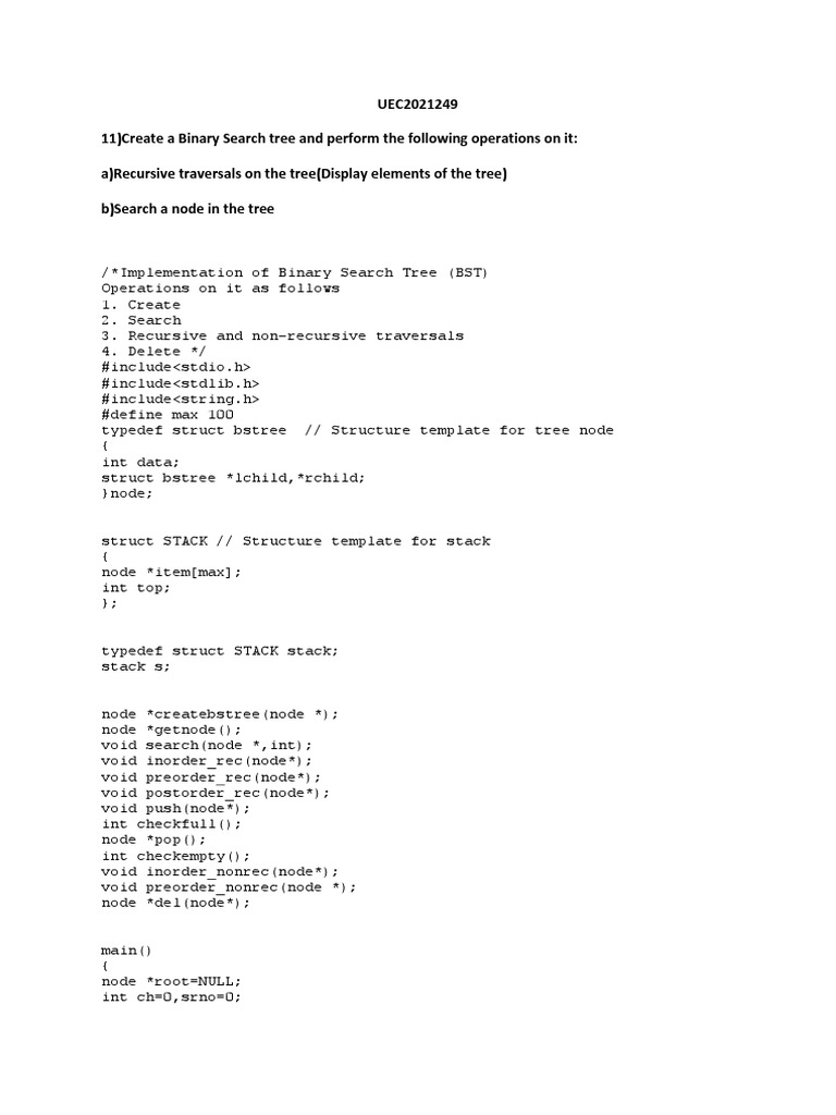 11) Create A Binary Search Tree and Perform The Following Operations On ... 11) Create A Binary Search Tree and Perform The Following Operations On ...