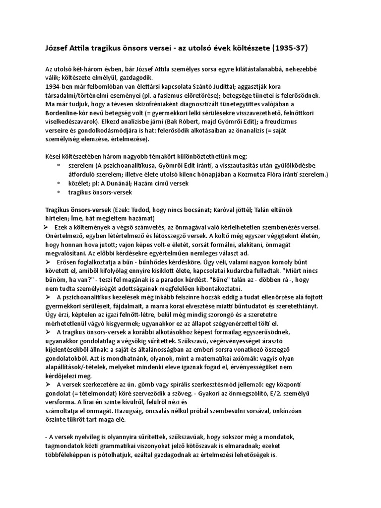 József Attila Tragikus Önsors Versei | PDF