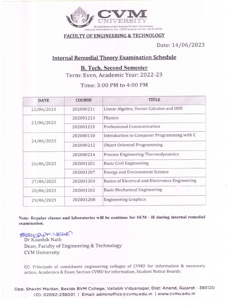B.Tech._Internal remedial theory exam schedule June-2023 | PDF