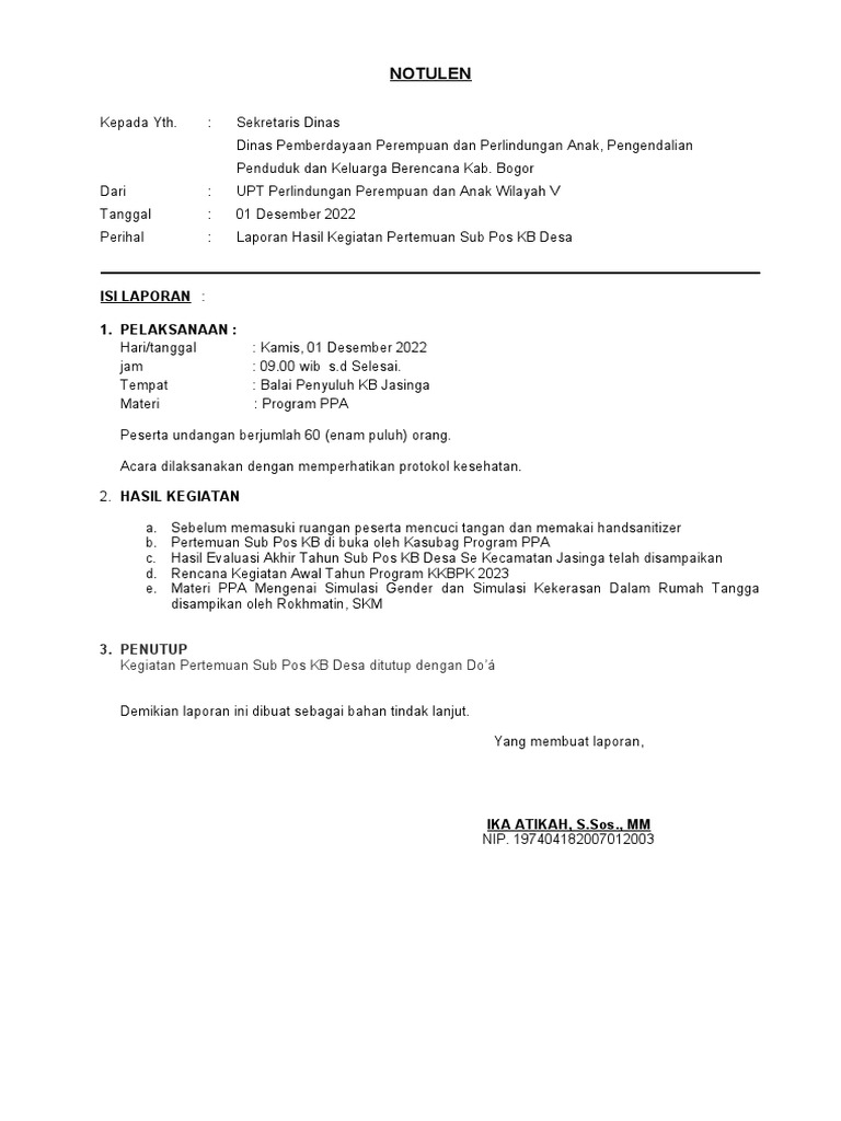 Notulen Pertemuan Sub Pos KB | PDF