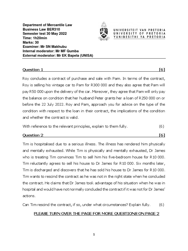 BER 310 Practice Semester Test 2023 Final | PDF | Common Law | Business Law