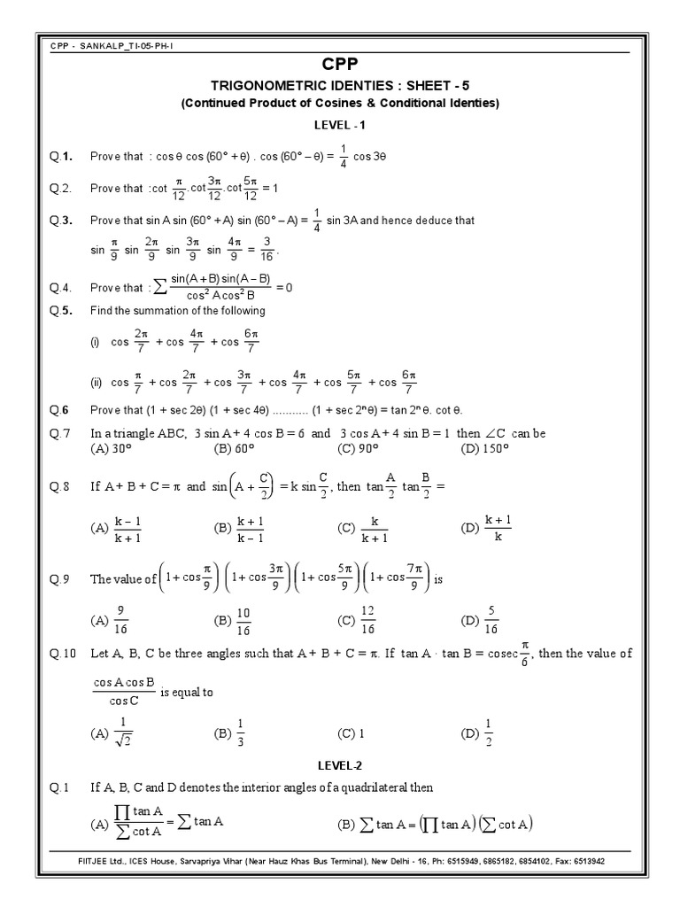 Trigonometric Identities Practice Sheet | PDF