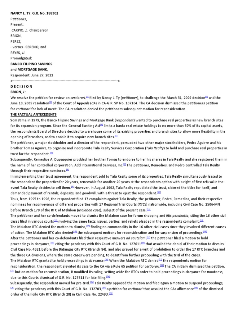 Banco Filipino vs. Nancy Ty Case Review | PDF | Precedent | Judiciaries