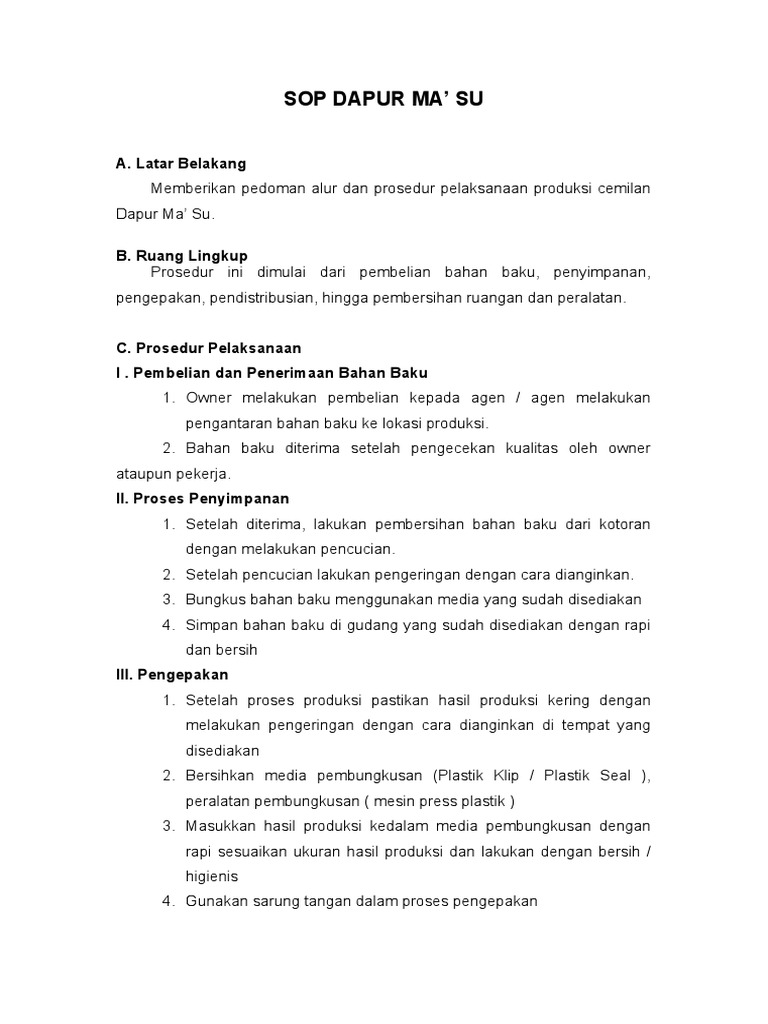 Prosedur SOP Dapur Ma' Su | PDF