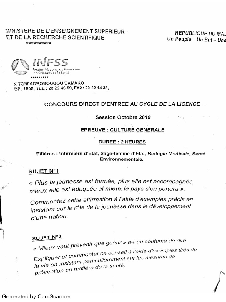 Anciens Sujets Concours d'Entrée à L'INFSS-1 | PDF
