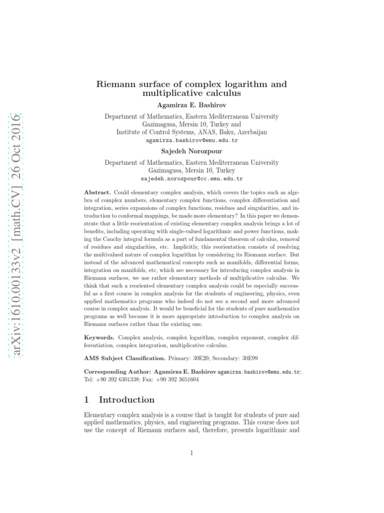 Riemann Surface of Complex Logarithm and Multiplicative Calculus | PDF | Complex Number ...