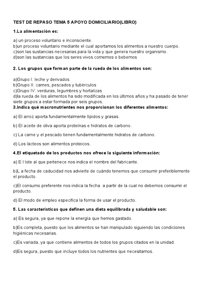 Test de Repaso Tema 5 Apoyo Domiciliario | PDF