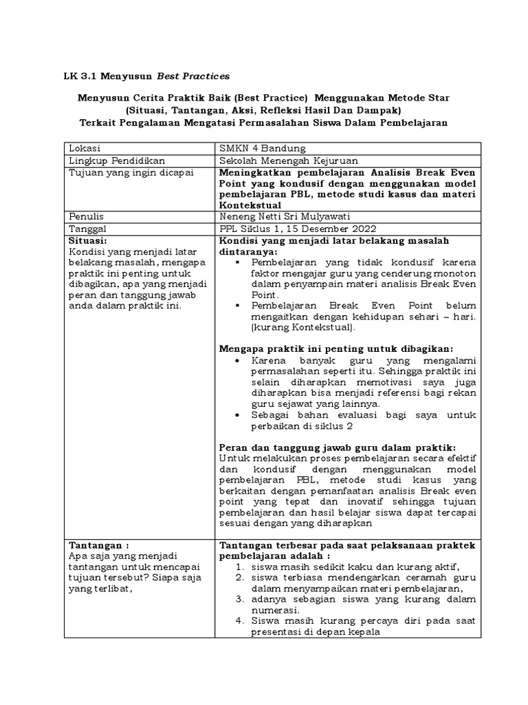 LK 3.1 Menyusun Best Practices - PPL AKSI 1 - Neneng Netti Sri Mulyawati | PDF