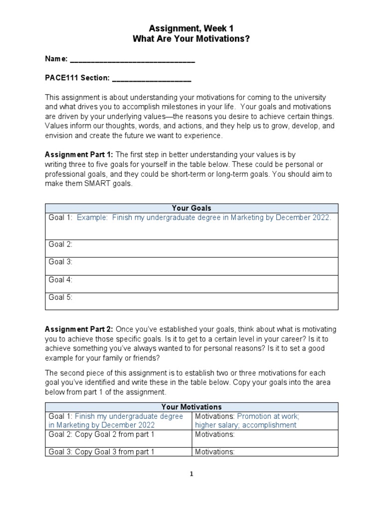 Week 1 Assignment Template | PDF | Goal | Motivational