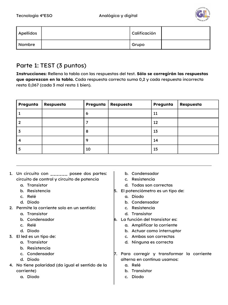 Test de Tecnología 4º ESO: Circuitos y Electrónica | PDF | Resistor ...